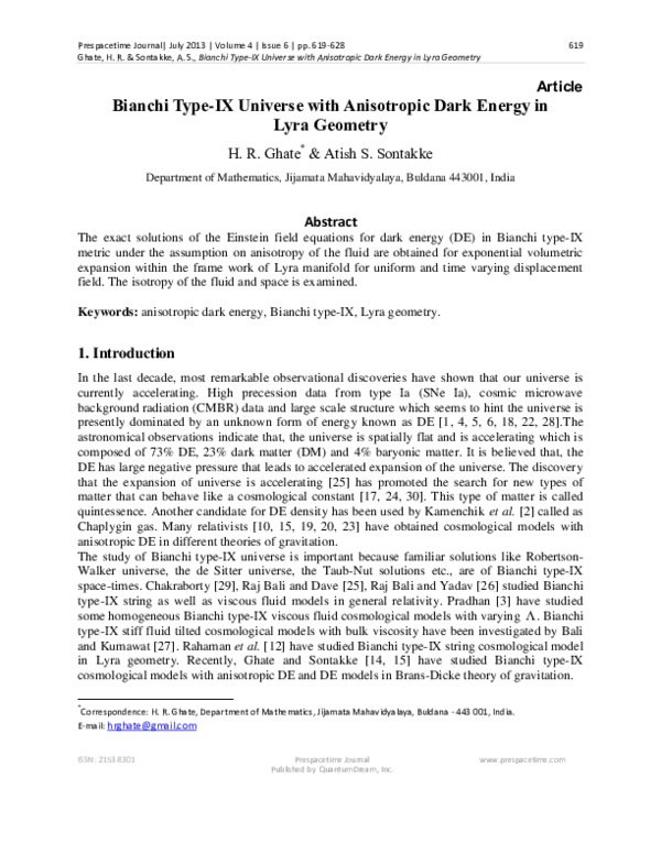 (PDF) Bianchi Type-IX Universe with Anisotropic Dark Energy in Lyra Geometry