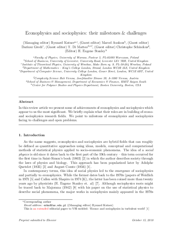 (PDF) Econophysics and sociophysics: Their milestones & challenges