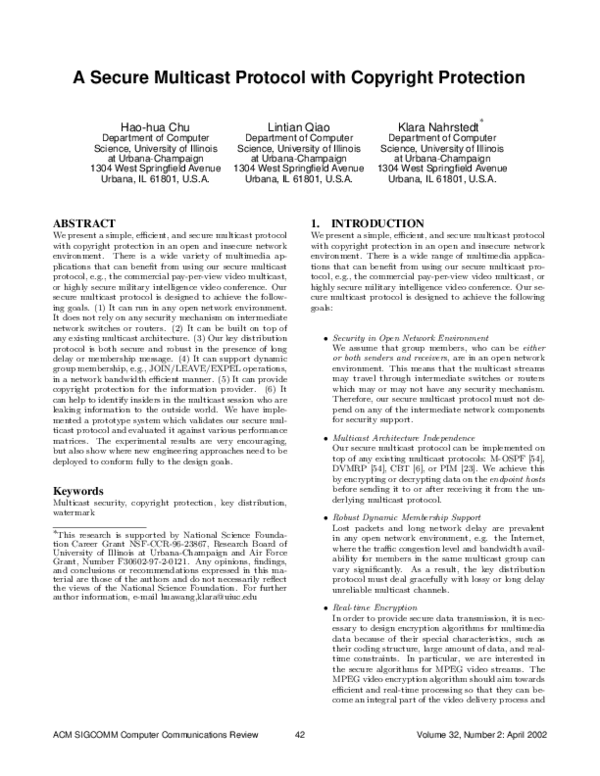 Pdf A Secure Multicast Protocol With Copyright Protection