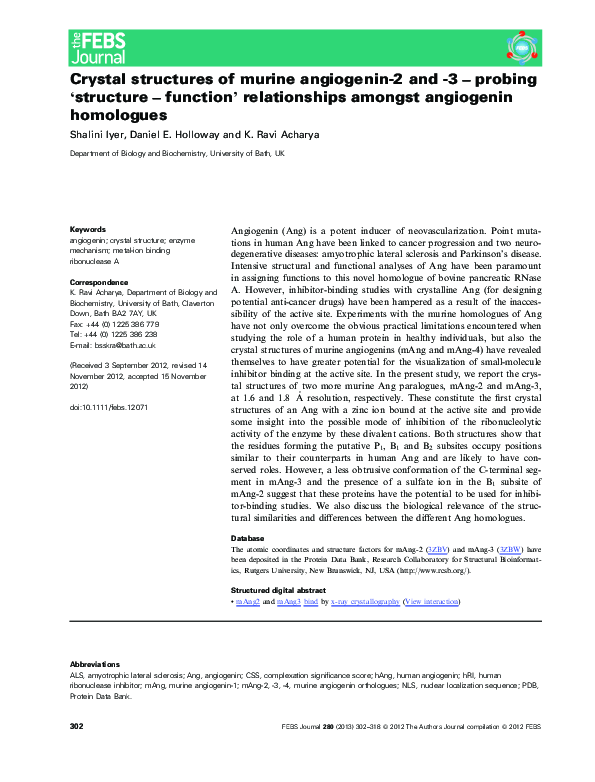 (PDF) Crystal structures of murine angiogenin-2 and -3 - probing ...