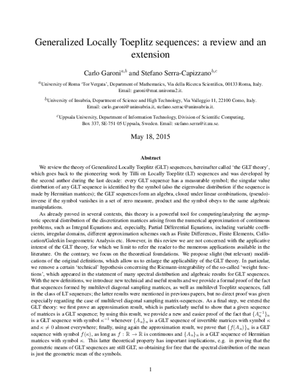 (PDF) Generalized locally Toeplitz sequences : a review and an extension | Carlo Garoni ...