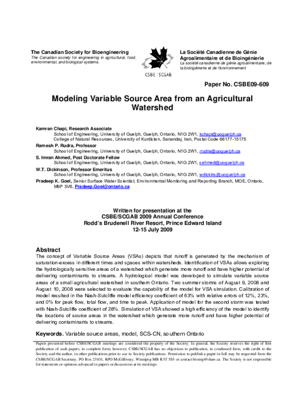 (PDF) Modeling Variable Source Area from an Agricultural Watershed