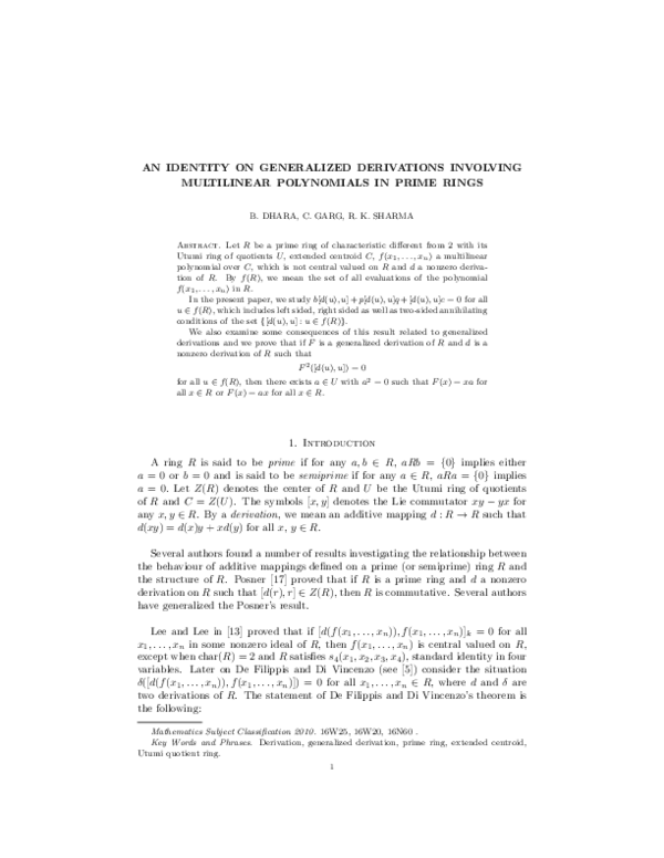 (PDF) An identity on generalized derivations involving multilinear ...