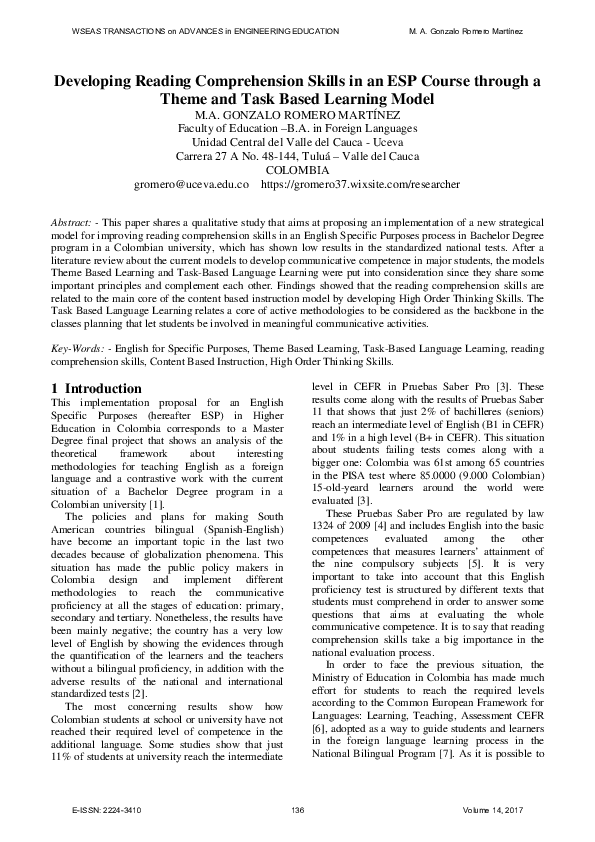 Developing Reading Comprehension Skills in an ESP Course through a Theme and Task Based Learning ...