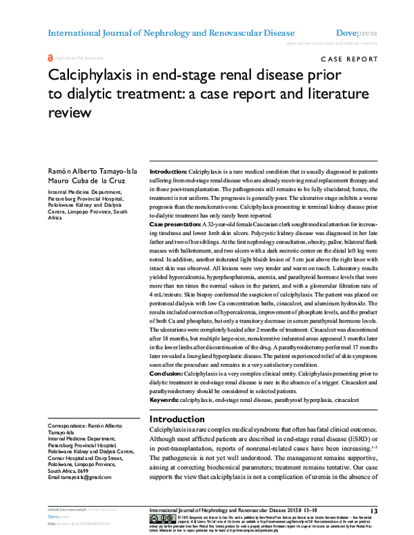 (PDF) Calciphylaxis in end-stage renal disease prior to dialytic ...