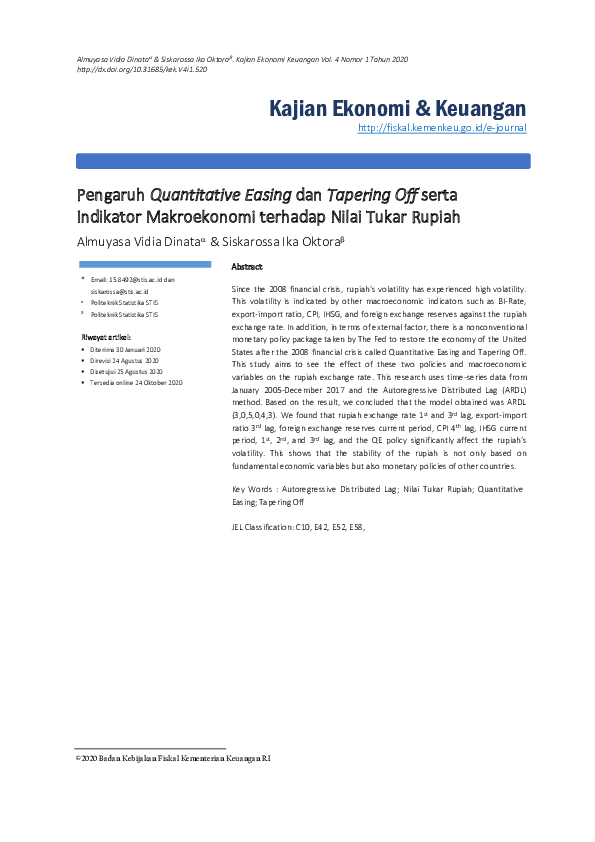 (PDF) Pengaruh Quantitative Easing dan Tapering Off serta Indikator Makroekonomi terhadap Nilai ...