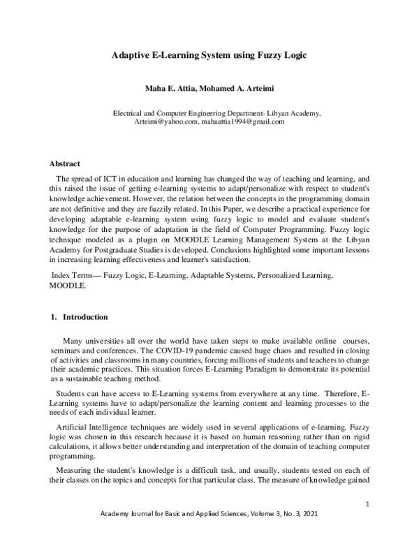(PDF) Adaptive E-Learning System using Fuzzy Logic