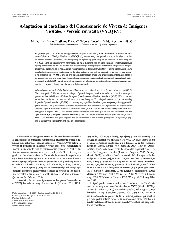 (PDF) Adaptation to Spanish of the Vividness of Visual Imagery ...