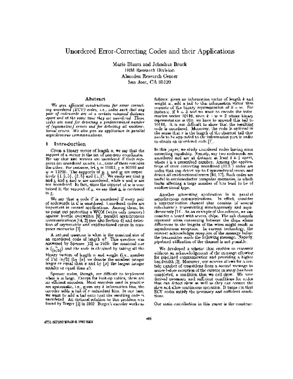 Pdf Unordered Error Correcting Codes And Their Applications