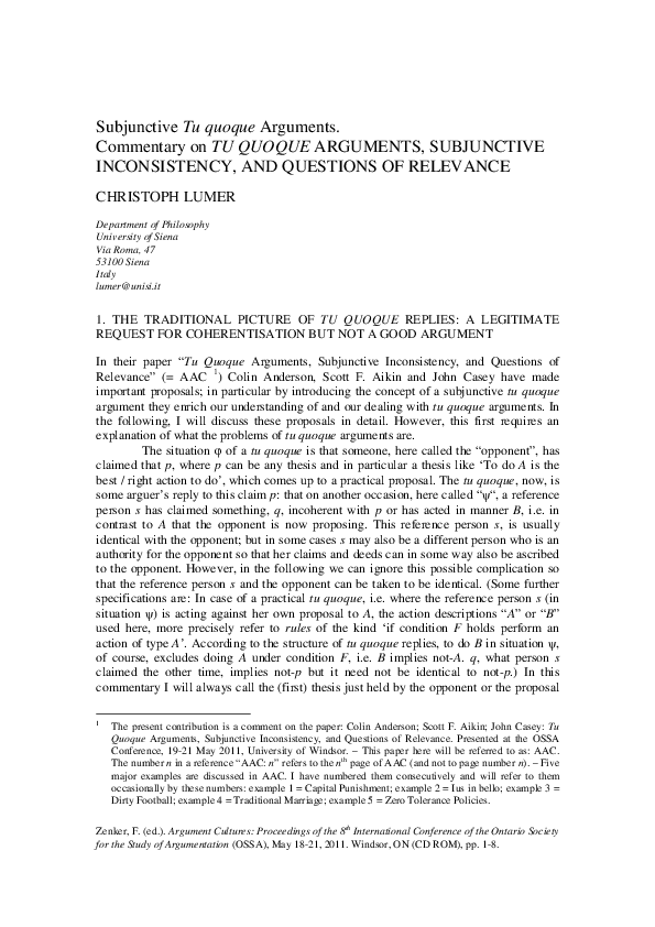 (PDF) Tu quoque arguments, subjunctive inconsistency, and questions of ...