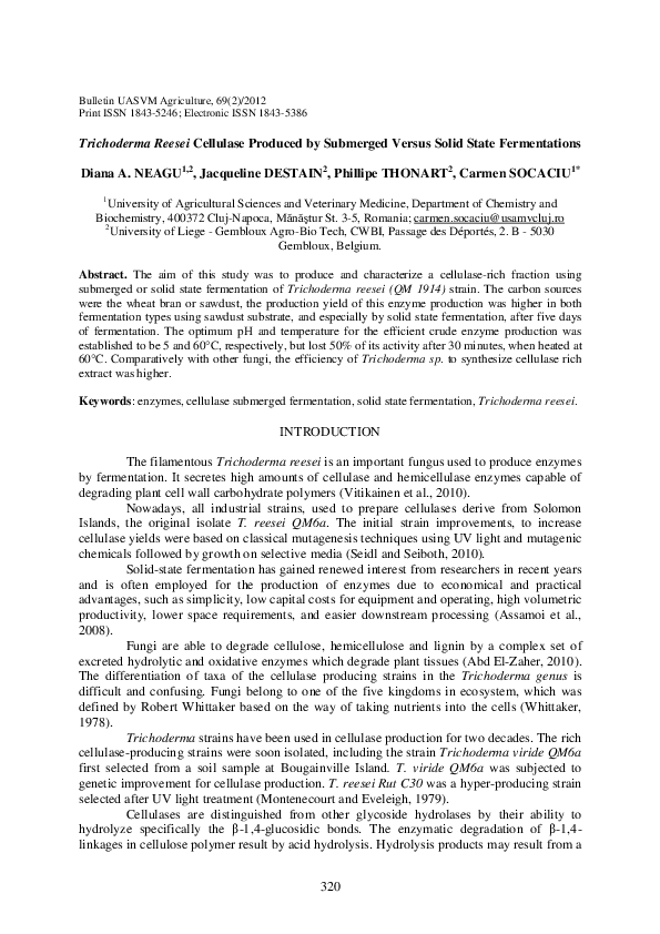 (PDF) Trichoderma reesei cellulase produced by submerged versus solid state fermentations