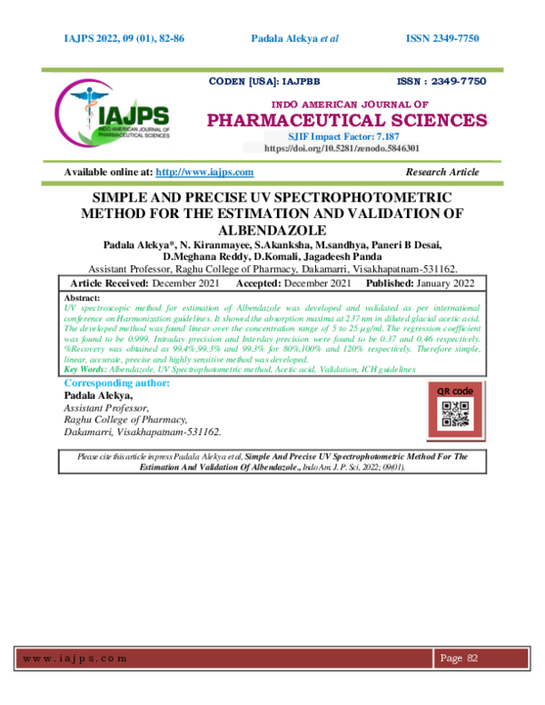 Pdf Simple And Precise Uv Spectrophotometric Method For The Estimation And Validation Of