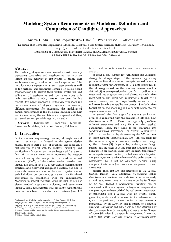 (PDF) Modeling System Requirements in Modelica: Definition and Comparison of Candidate Approaches