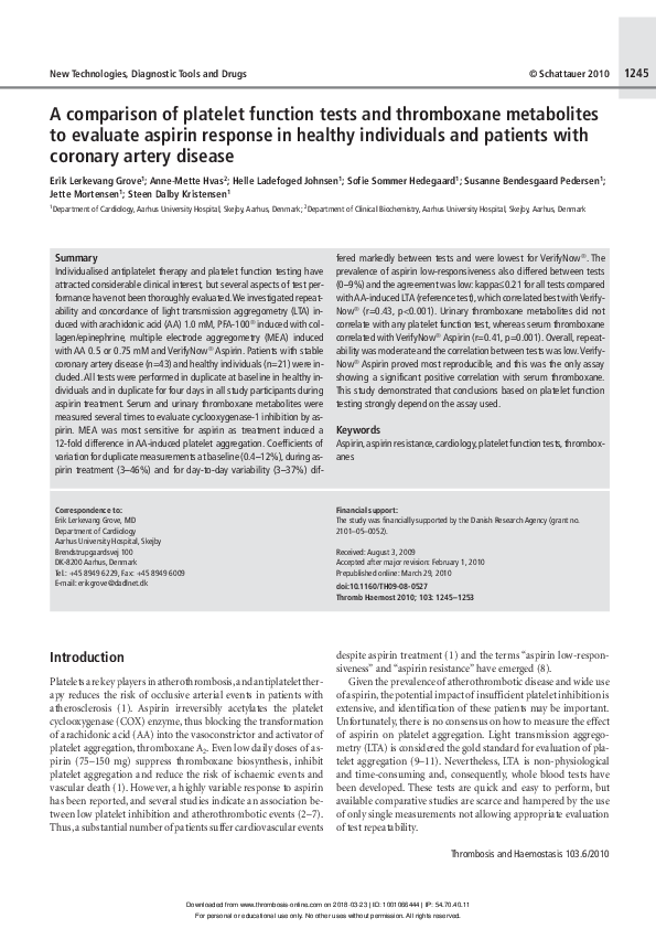(PDF) A comparison of platelet function tests and thromboxane ...