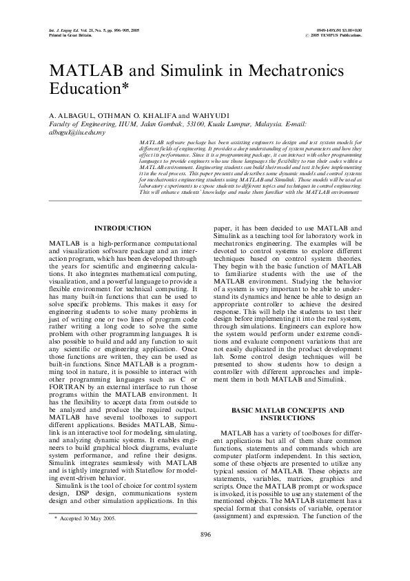 (PDF) MATLAB and simulink in mechatronics education