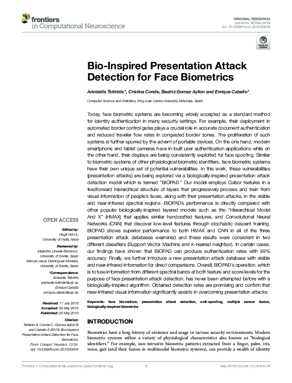 (PDF) Bio-Inspired Presentation Attack Detection for Face Biometrics