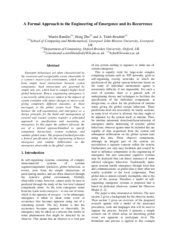 (PDF) A Formal Approach to the Engineering of Emergence and its Recurrence