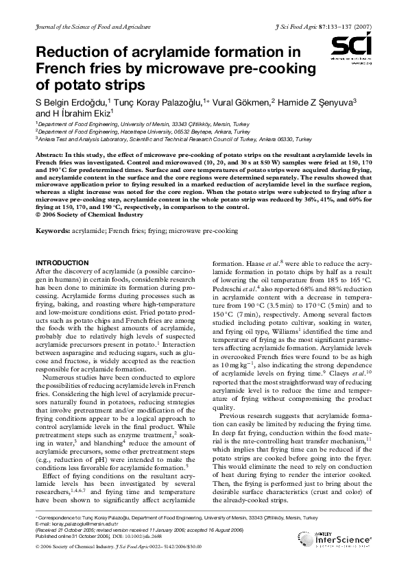 (PDF) Reduction of acrylamide formation in French fries by microwave ...