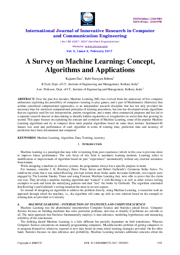 (PDF) A Survey on Machine Learning: Concept,Algorithms and Applications