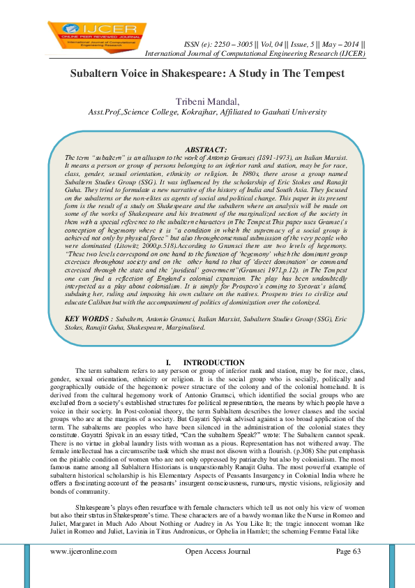 (PDF) Subaltern Voice in Shakespeare: A Study in The Tempest