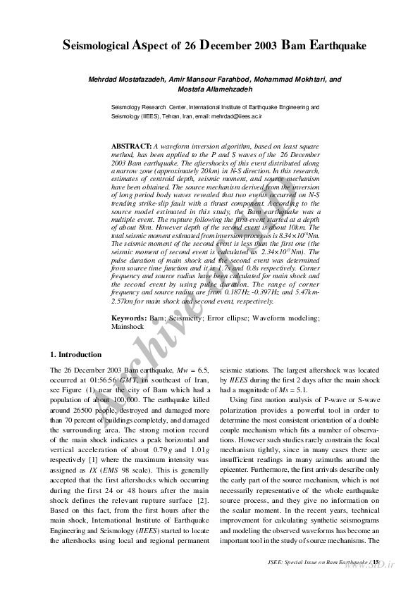 (PDF) Seismological Aspect of 26 December 2003 Bam Earthquake