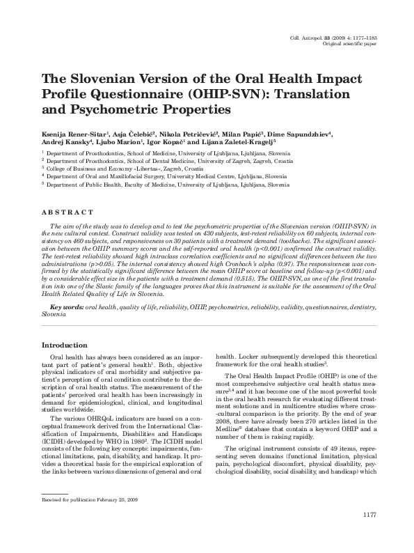 (PDF) Psychometric Evaluation of OHIP-SVN Scale
