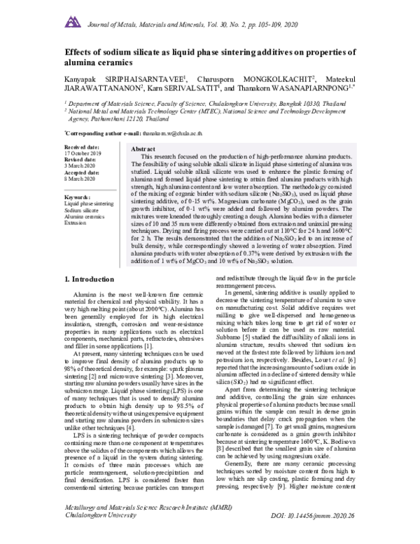(PDF) Effects of sodium silicate as liquid phase sintering additives on properties of alumina ...