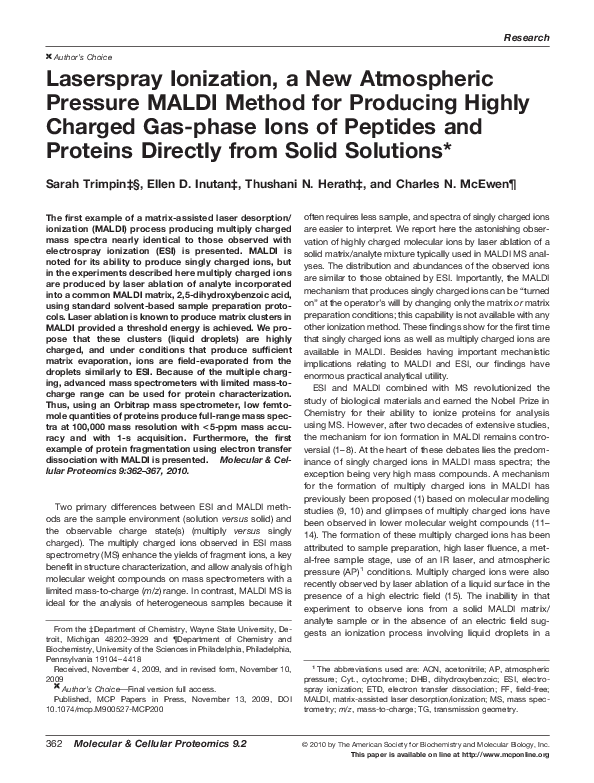 (PDF) Laserspray ionization, a new atmospheric pressure MALDI method ...