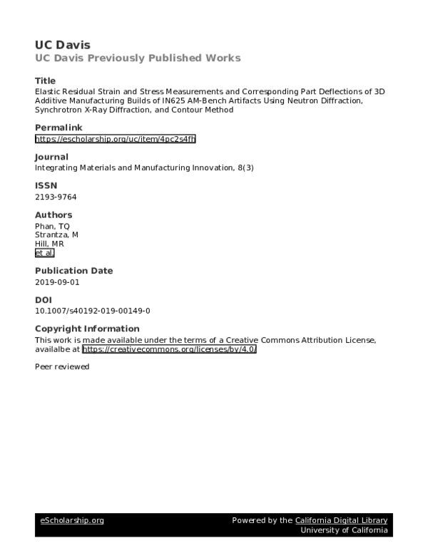 (PDF) Elastic Residual Strain and Stress Measurements and Corresponding ...