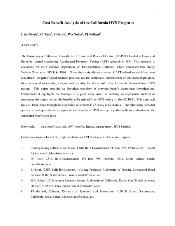 (PDF) Cost Benefit Analysis of the California HVS Program