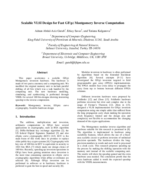 (PDF) Scalable VLSI design for fast GF (p) montgomery inverse computation | Tatiana Kalganova ...