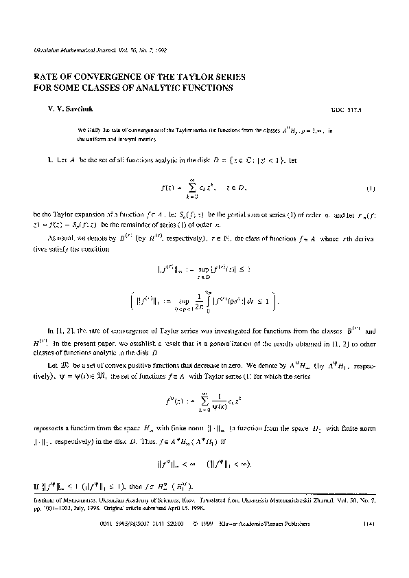 (PDF) Rate of convergence of the Taylor series for some classes of analytic functions | Victor ...