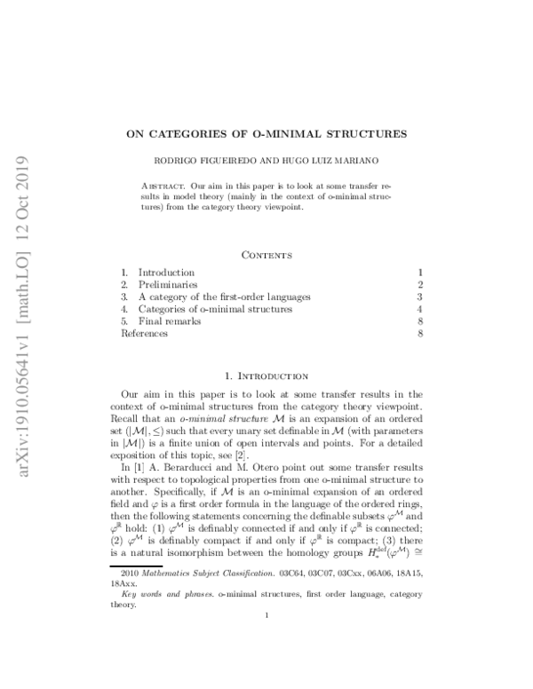 Pdf On Categories Of O Minimal Structures Hugo Mariano