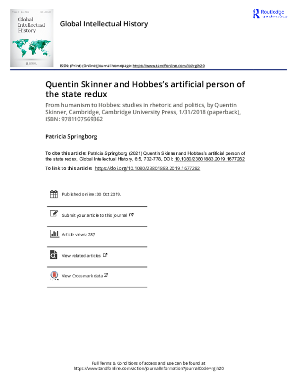 (PDF) Springborg 2021 print Skinner, Hobbes's artificial person person ...