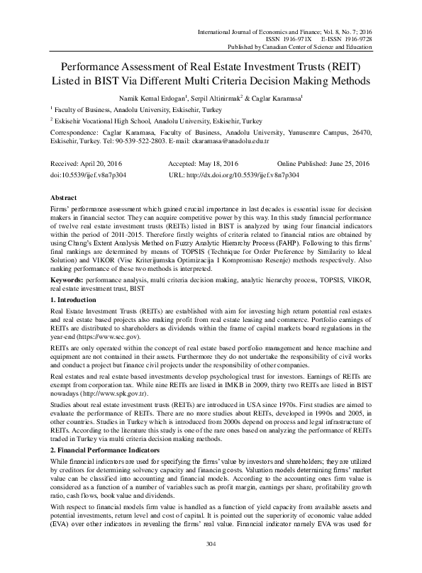 (PDF) Performance Assessment of Real Estate Investment Trusts (REIT ...