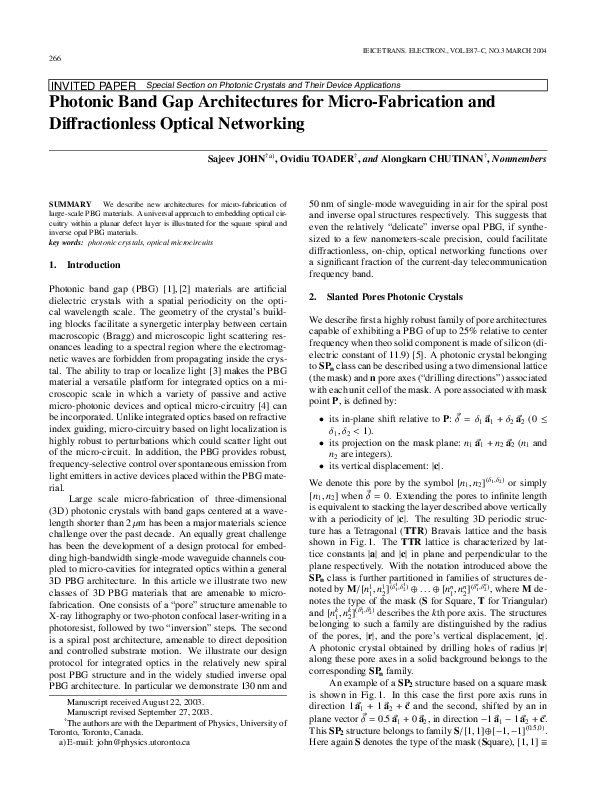 (PDF) Photonic Band Gap Architectures for Micro-Fabrication and Diffractionless Optical Networking
