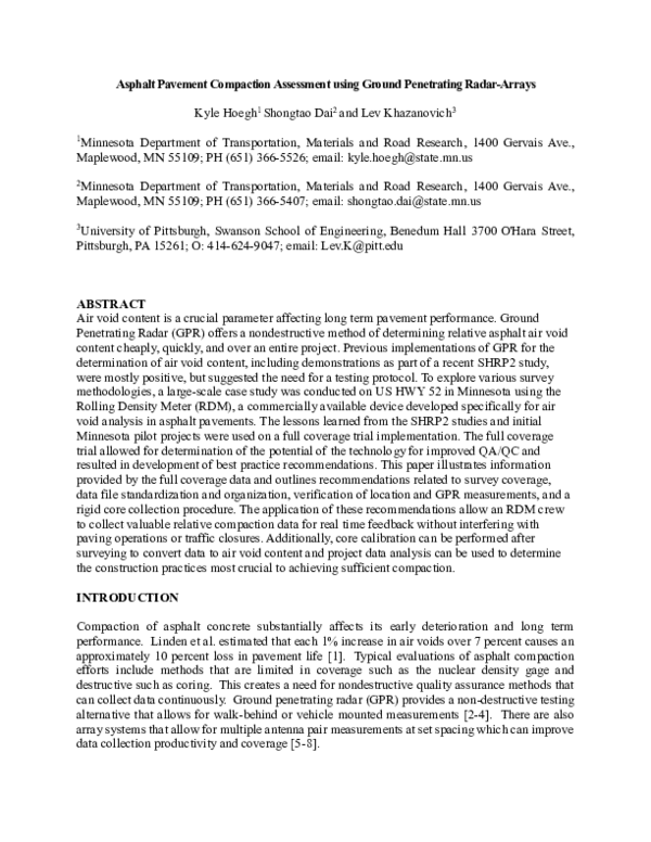 Pdf Asphalt Pavement Compaction Assessment Using Ground Penetrating Radar Arrays