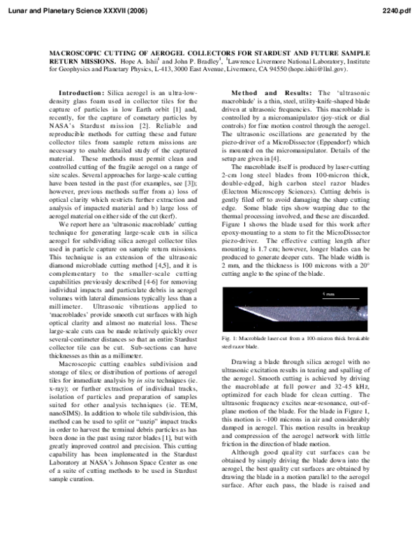 (PDF) Macroscopic Cutting of Aerogel Collectors for Stardust and Future Sample Return Missions