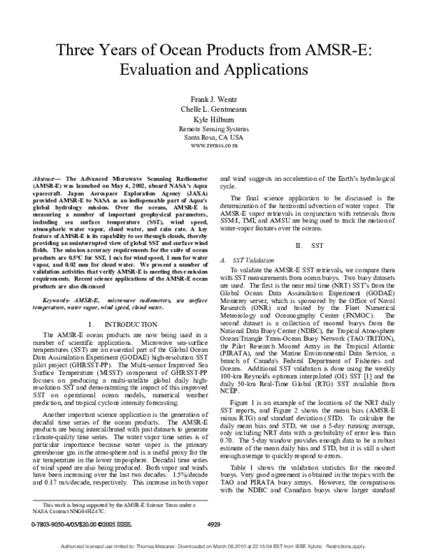(PDF) Three years of ocean products from AMSR-E: evaluation and ...