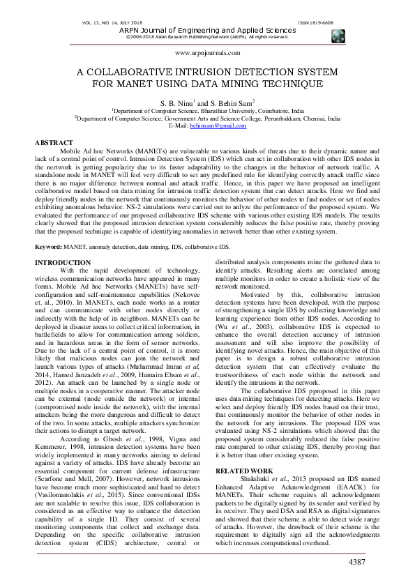 (PDF) A Collaborative Intrusion Detection System for Manet Using Data Mining Technique