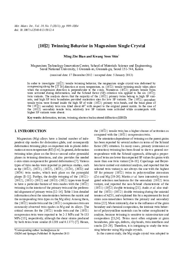 (PDF) $$\Left\{ {10\BAR 12} \Right\}$$ Twinning Behavior in Magnesium ...