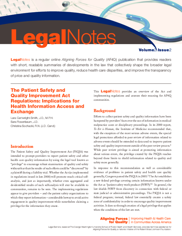 (PDF) Aligning Forces for Quality: The Patient Safety and Quality ...