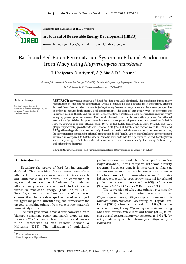 Pdf Batch And Fed Batch Fermentation System On Ethanol Production From Whey Using