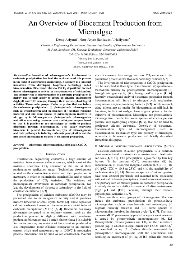(PDF) An Overview of Biocement Production from Microalgae