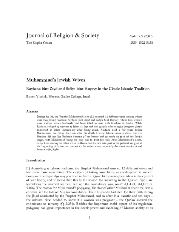 (PDF) Muhammad's Jewish wives: Rayhana bint Zayd and Safiya bint Huyayy ...