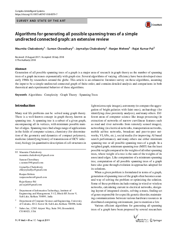 Pdf Algorithms For Generating All Possible Spanning Trees Of A Simple Undirected Connected