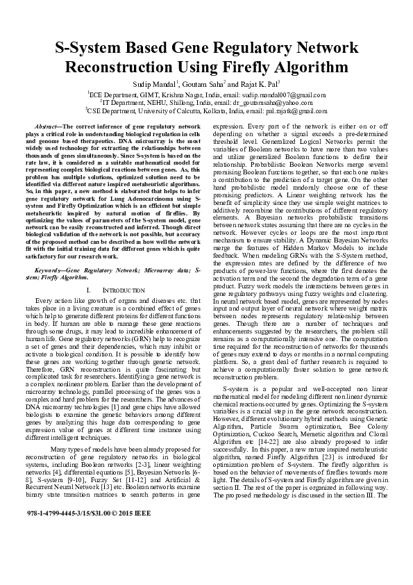 Pdf S System Based Gene Regulatory Network Reconstruction Using Firefly Algorithm