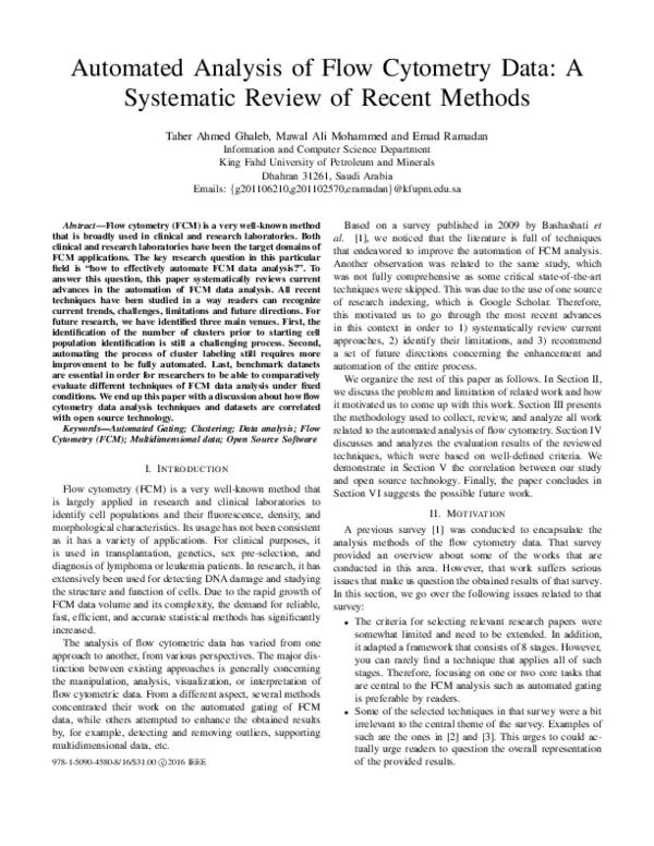 (PDF) Automated analysis of flow cytometry data: a systematic review of recent methods | emad ...