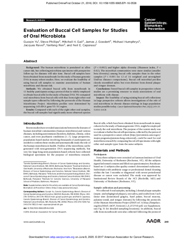 (PDF) Evaluation of buccal cell samples for studies of oral microbiota
