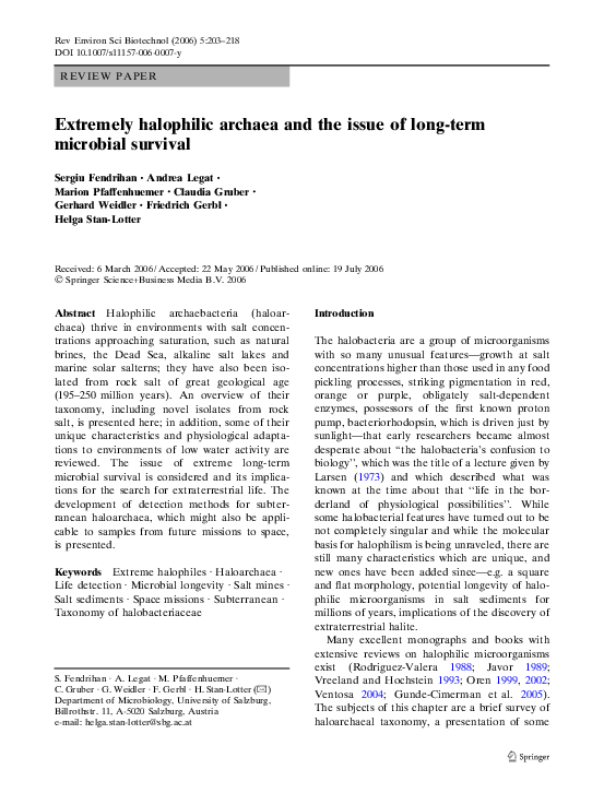 (PDF) Extremely halophilic archaea and the issue of long-term microbial survival